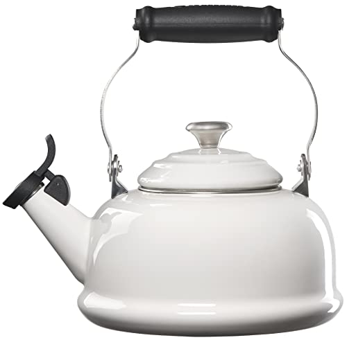 Le Creuset Enamel On Steel Whistling Tea Kettle with Metal Finishes, 1.7 qt., White