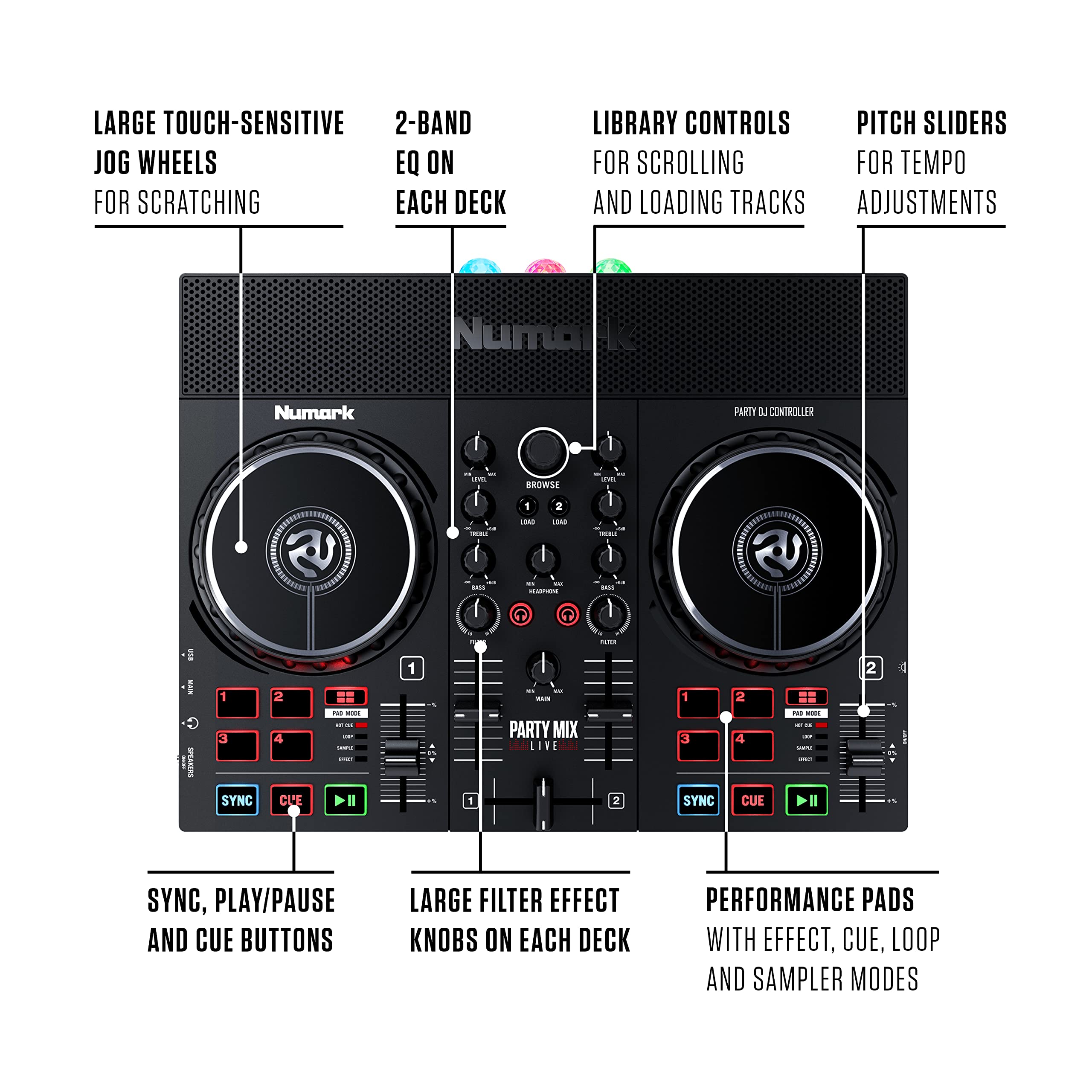 Numark Party Mix Live + HF125 - DJ Controller/Adults & Kids DJ Set with DJ Lights, DJ Speakers, DJ Mixer and Portable DJ Headphones