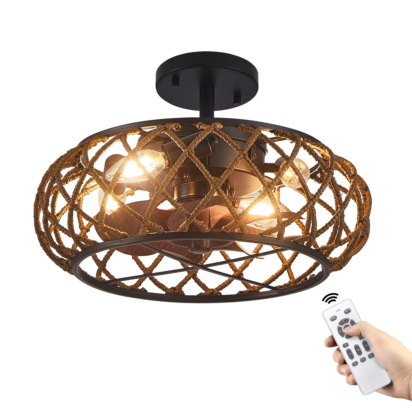 Buevea Caged Ceiling Fans with Lights Remote Control, 16'' Farmhouse Rattan Low Profile Ceiling Fan with Lights, Small Bladeless Celling Fan for Bedroom, Kitchen