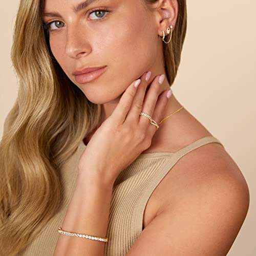 PAVOI 14K Yellow Gold Chain Earrings for Women | Double Piercing Dangle Chain Huggie Hoop Earrings | Cubic Zirconia Pearl Stud Earrings for Women (Single)