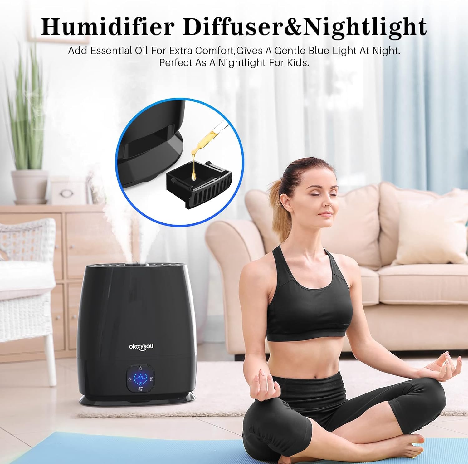 Okaysou Humidifiers, 6L Smart Humidifier and Diffuser for Bedroom Large Room W/Remote Control, Filterless, 50 Hour Top Fill Cool Mist Humidifiers with Humidistat for Babies, Plant, Sleep Mode, Timer