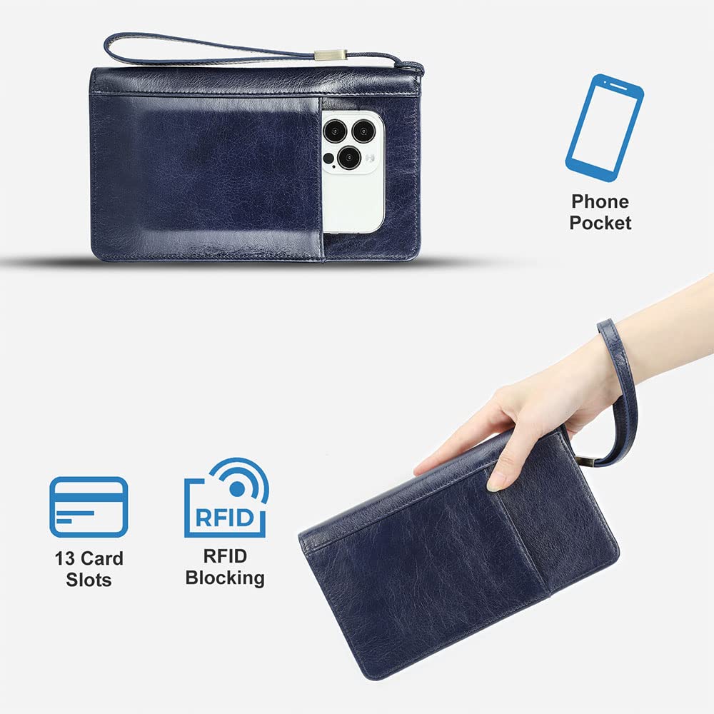 Contacts Passport Wallet Leather Family Passport Holder for 4 Travel Documents Organizer RFID Blocking Zipper Blue Card Wallet with 13 Card Slot