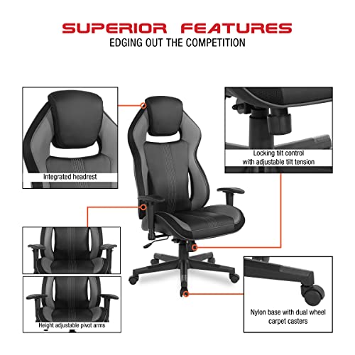 OSP Home Furnishings BOA II Ergonomic Adjustable High Back Gaming Chair with Thick Padded Coil Spring Seat, Built-in Lumbar Support and Headrest, Black Bonded Leather with Grey Accents