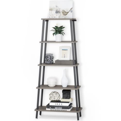 MXARLTR 5 Tiered Bookshelf, Ladder Shelf Etagere Bookcase, Wood and Metal Ladder Bookshelf, Display Freestanding Open Storage Rack for Living Room Bedroom Bathroom Kitchen Office, Gray Oak