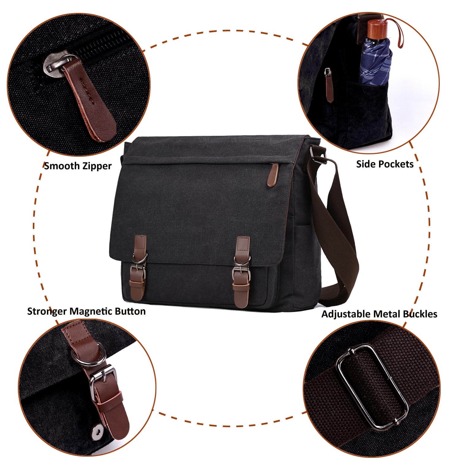 Canvas Messenger Bag for Men Women,Travel Satchel Shoulder bag 15.6 Inch Laptop Bags Business (Black)