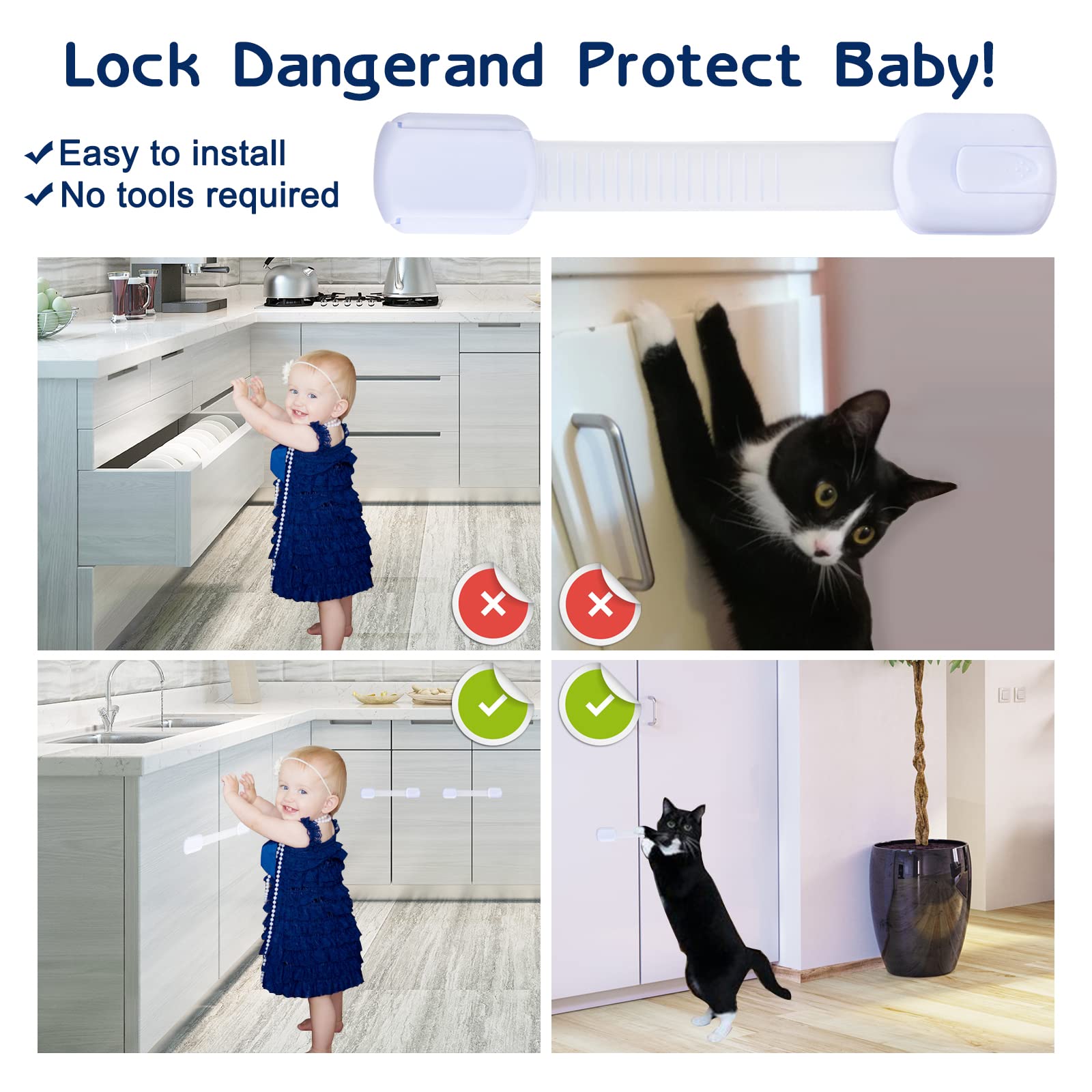 Child Safety Locks (10 Pack White) Baby Locks for Cabinets and Drawers, Toilet, Fridge & More. 3M Adhesive Pads. No Screws & Magnets
