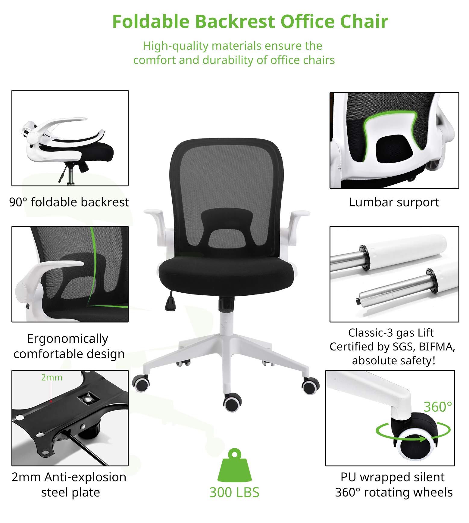 BINGTOO Ergonomic Office Chair with Lumbar Support, Foldable Mesh Backrest Computer Desk Chair for Home Office - Adjustable Height with Flip-up Arms and Wheels (Black)