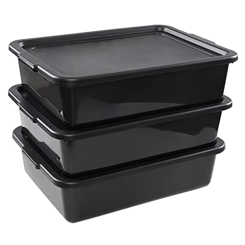 Parlynies 13 L Commercial Bus Tubs with Lid, 3-Pack Plastic Bus Box, Black