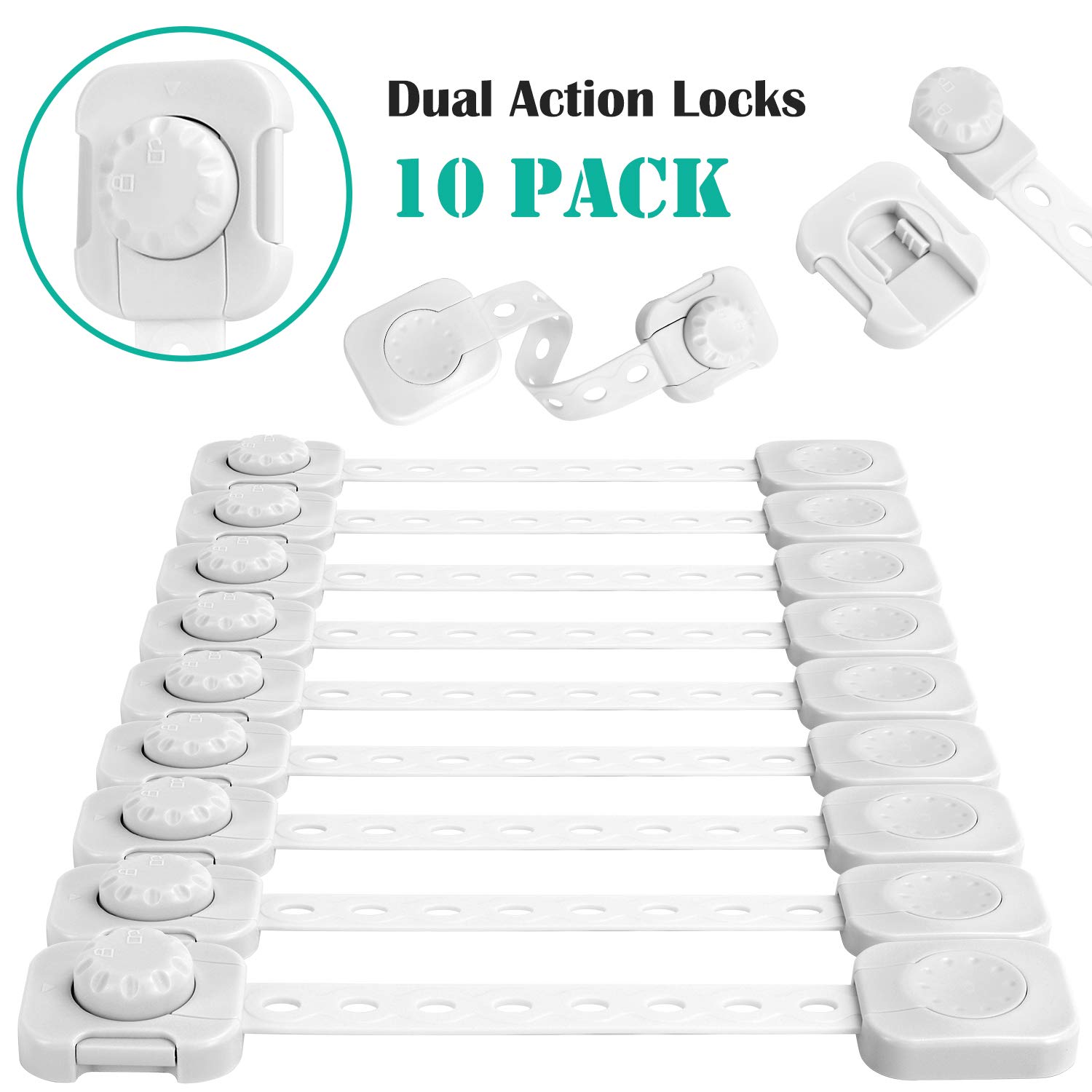 Cabinet Locks (10 Pack) Child Proof Cabinet Locks Upgraded Double Lock System Hard for Kid to Open Drawer Locks Child Safety Adjustable Refrigerator Lock for Cabinet, Drawer, Fridge No Drilling Needed