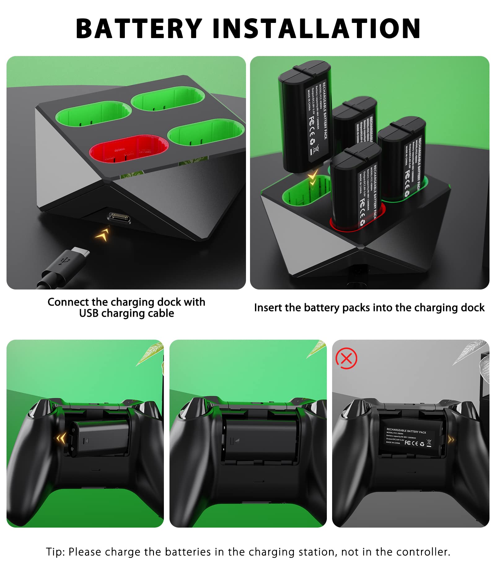 Rechargeable Battery Packs for Xbox Series X|S, 4 x 1200mAh Xbox one Controller Battery Packs, High Capacity Rechargeable Battery with Charger for Xbox One/One S|X/Xbox Series X|S/Elite Controllers