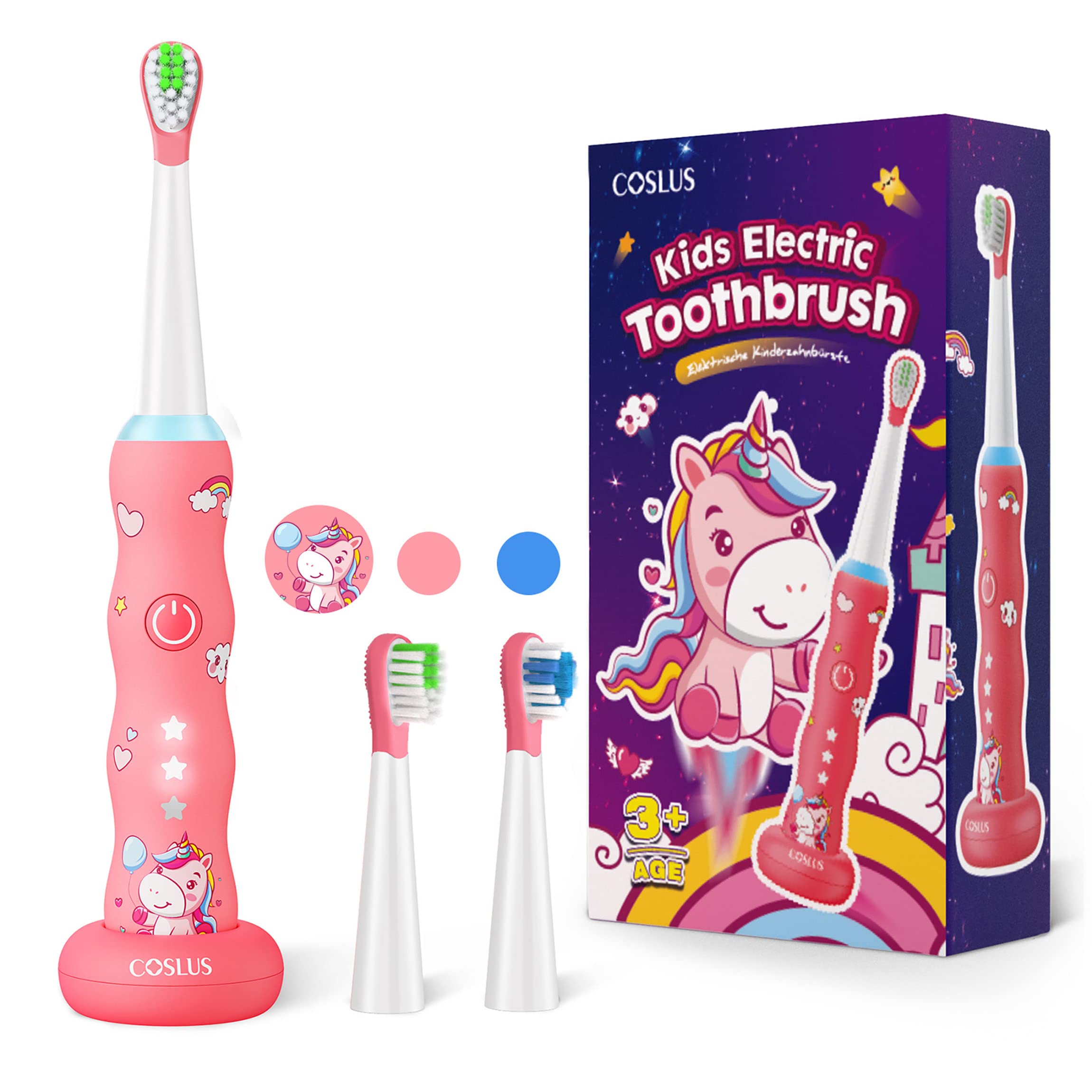 COSLUS Kids Sonic Rechargeable Electric Toothbrush - Interactive, Smart LED Light, Cute Cartoon Characters, 3 Cleaning Modes, 2 Minute Timer, IPX7 Waterproof, 2 Soft Bristle Heads, Blue