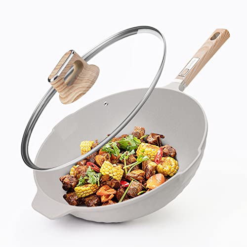 Ilovfeot Nonstick Wok Pan with Lid,Non Stick Wok Frying Pan 13 inch with Stay Cool Handle,Cooking Wok,Induction Compatible,Scratch Resistant,Dishwasher and Oven Safe