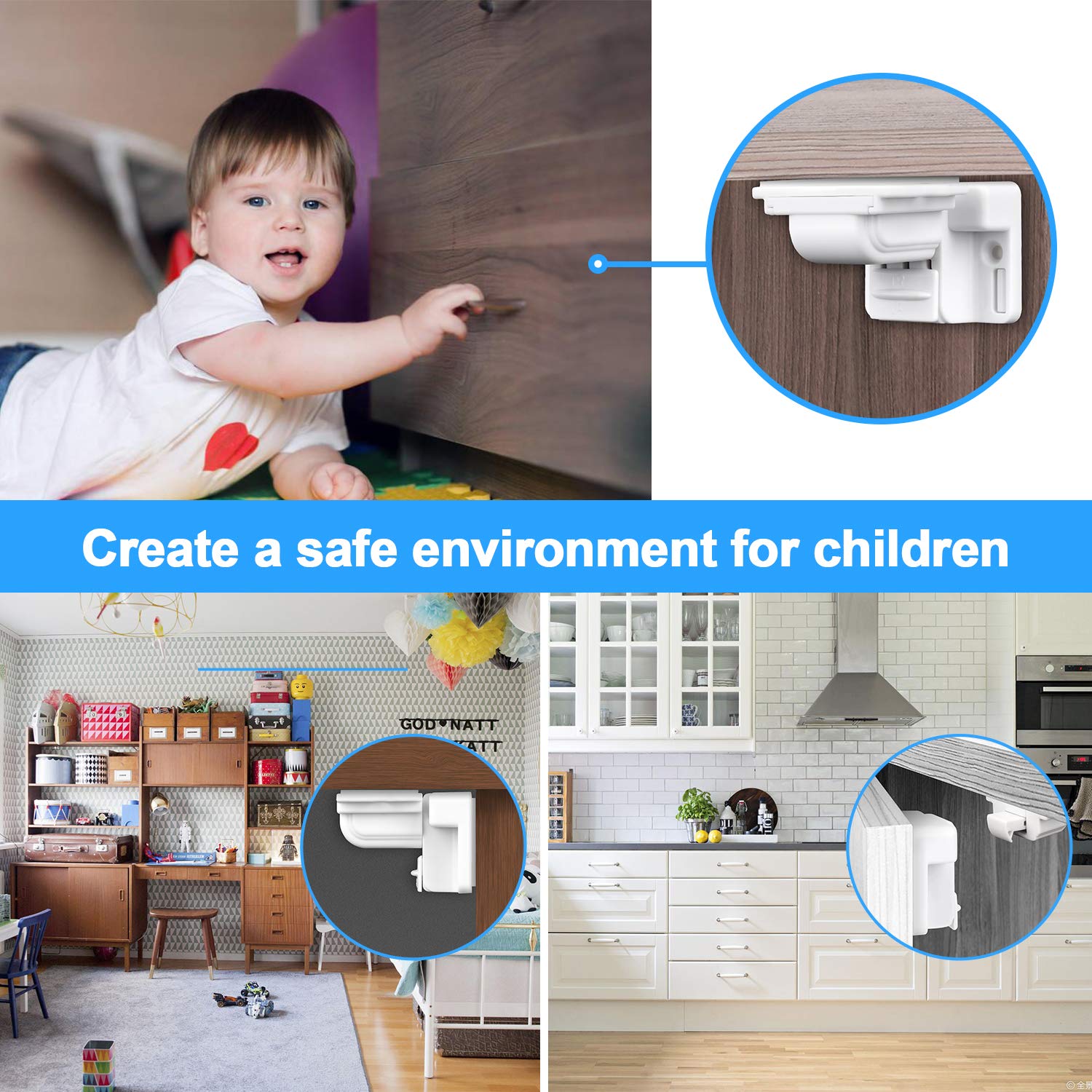 Cabinet Locks for Babies (12 Locks + 3 Keys) Double Key Design Child Locks for Cabinets with Extra Tape & Spare Screws Invisible Magnetic Cabinet Locks for Cabinets, Drawers, Cupboards