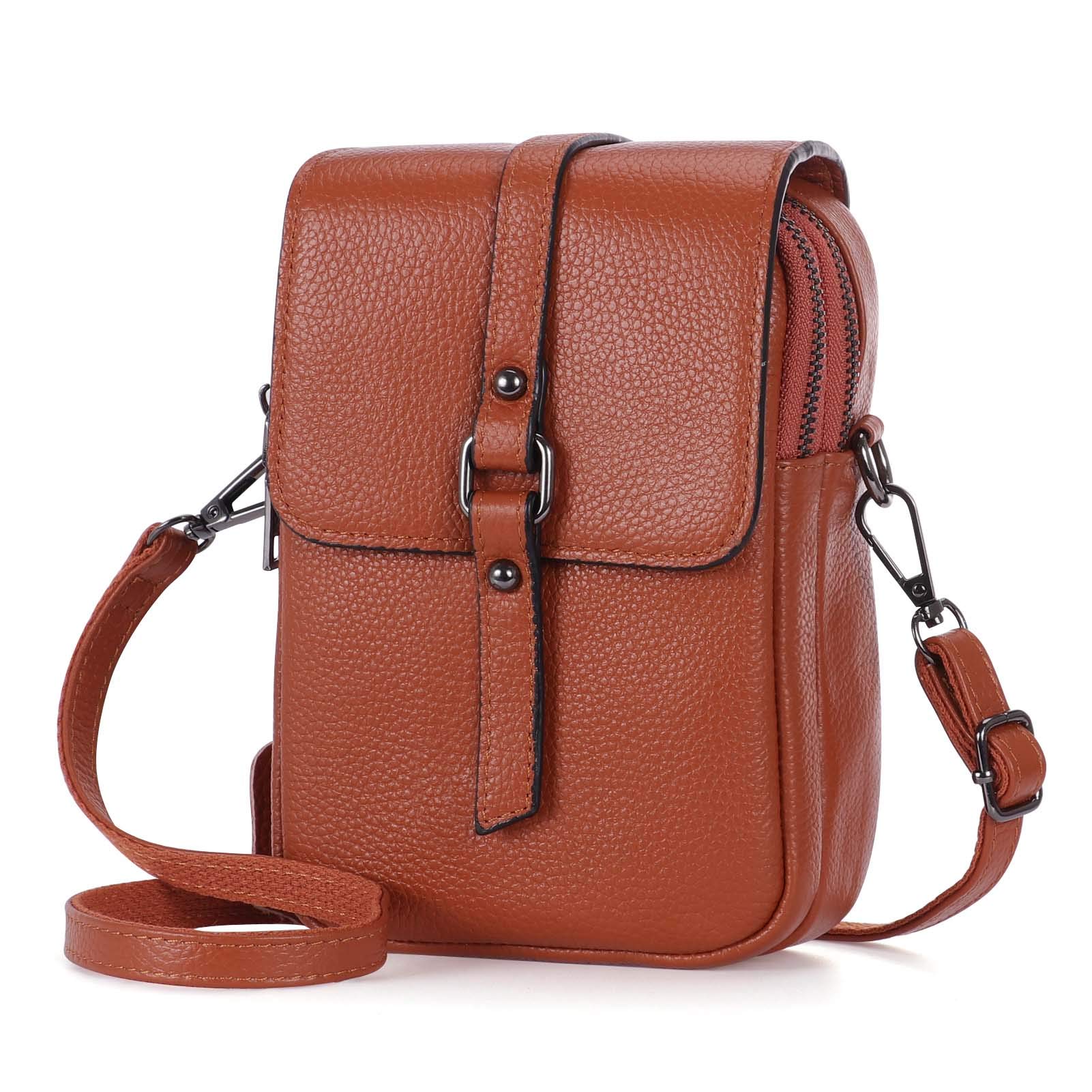 XEYOU Women's Small Cellphone Purse Wallet Lightweight Genuine Leather Crossbody Shoulder Pouch Bag (Light Brown)