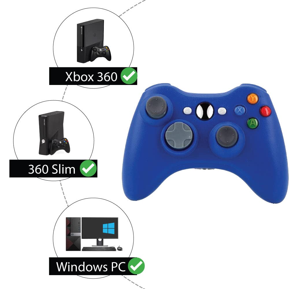 BEK Controller 2 Pack Replacement for Xbox 360 Controller, Wireless Remote Gamepad with Thumb Grips, Double Vibration, Live Play, Compatible with Microsoft Xbox 360 Slim PC Windows Color (Blue Black)