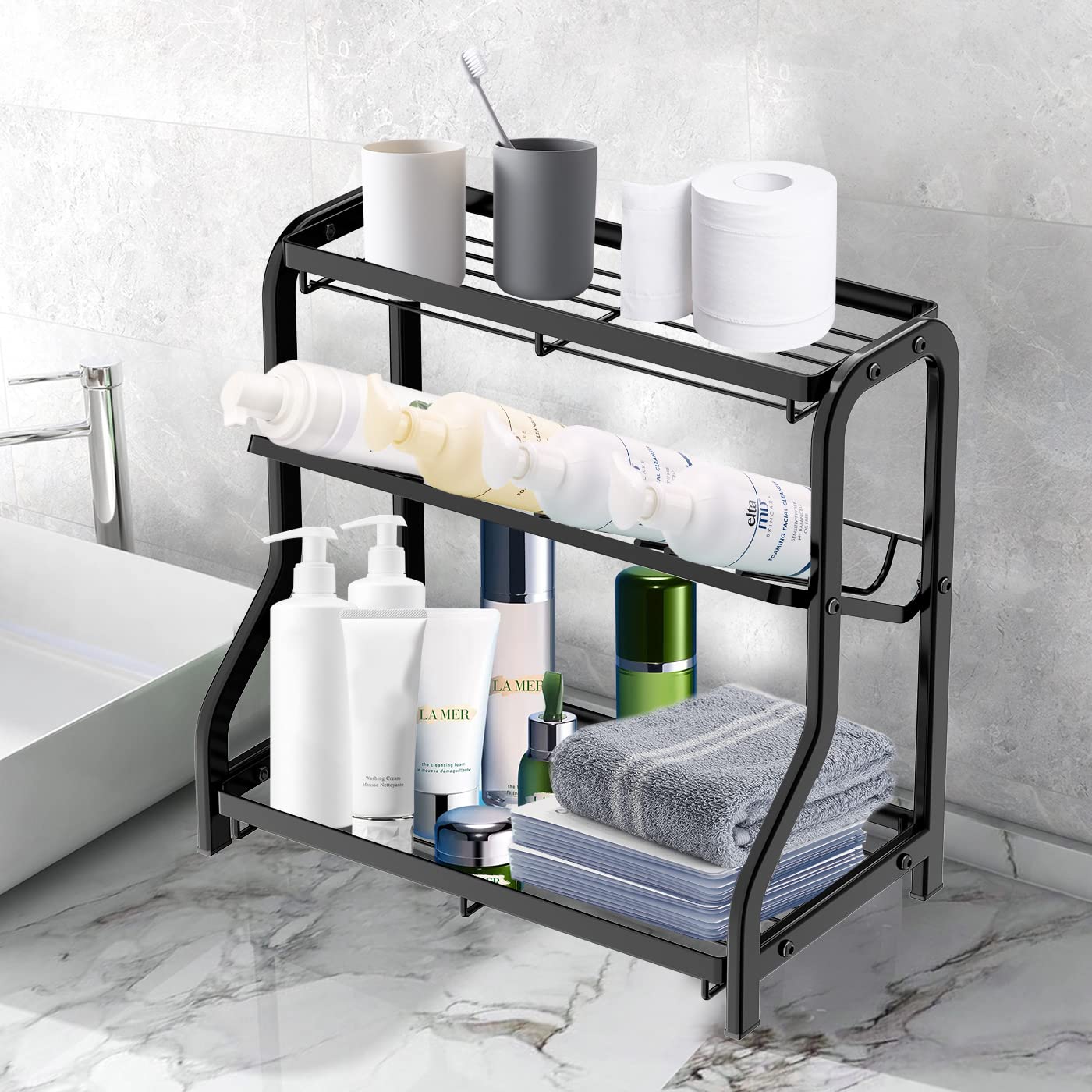 Cabinet Storage Shelf Organizer Rack, Heavy Duty Cupboard Stand Spice Rack Adjustable Height Pantry Garage Shelf Space Riser for Counter Kitchen and Bathroom Organization