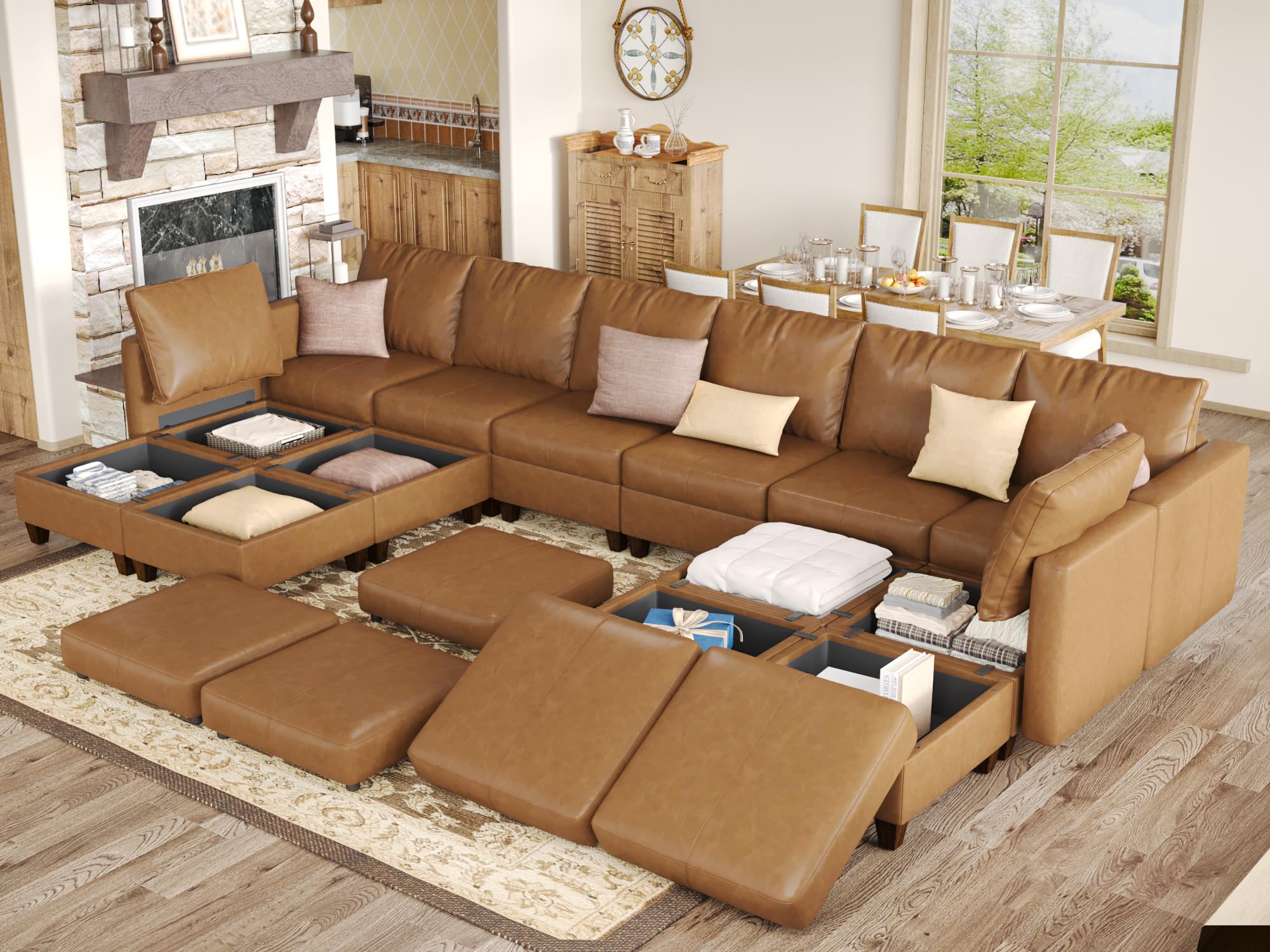 EASE MOOSE Large U Shaped Modular Sectional Sofa with Storage, Faux Leather sectional Sofa 14 Seat Oversized Brown Modular Sectional Couch