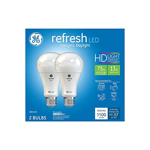 GE Lighting Refresh LED Light Bulbs, 13 Watt (75 Watt Eqv) Daylight HD Light, A19 Standard Bulbs, White (2 Pack)