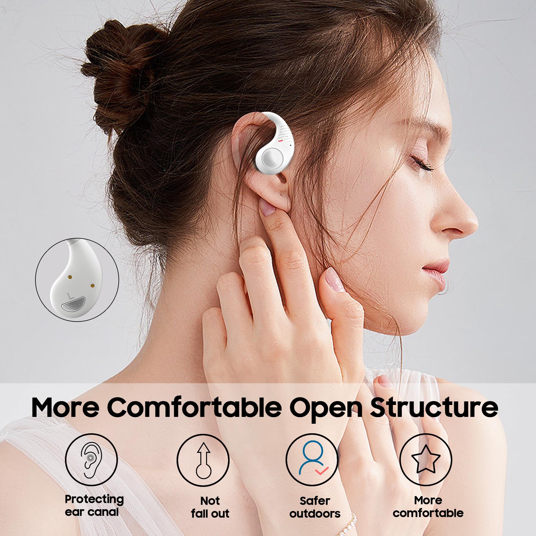 Blackview Open Ear Headphones Wireless Earbuds Bluetooth 5.3, White Wireless Headphones Touch Over Ear Buds 40H Playtime w Mic, Deep Bass Sport Earbuds with Ear Hooks for Workout Running Gym