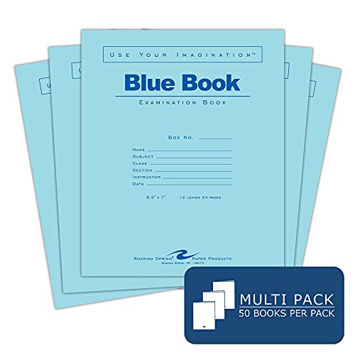 Roaring Spring Test Blue Exam Book, 50 Pack, Wide Ruled with Margin, 8.5" x 7" 12 Sheets/24 Pages, Blue Cover, (77413)