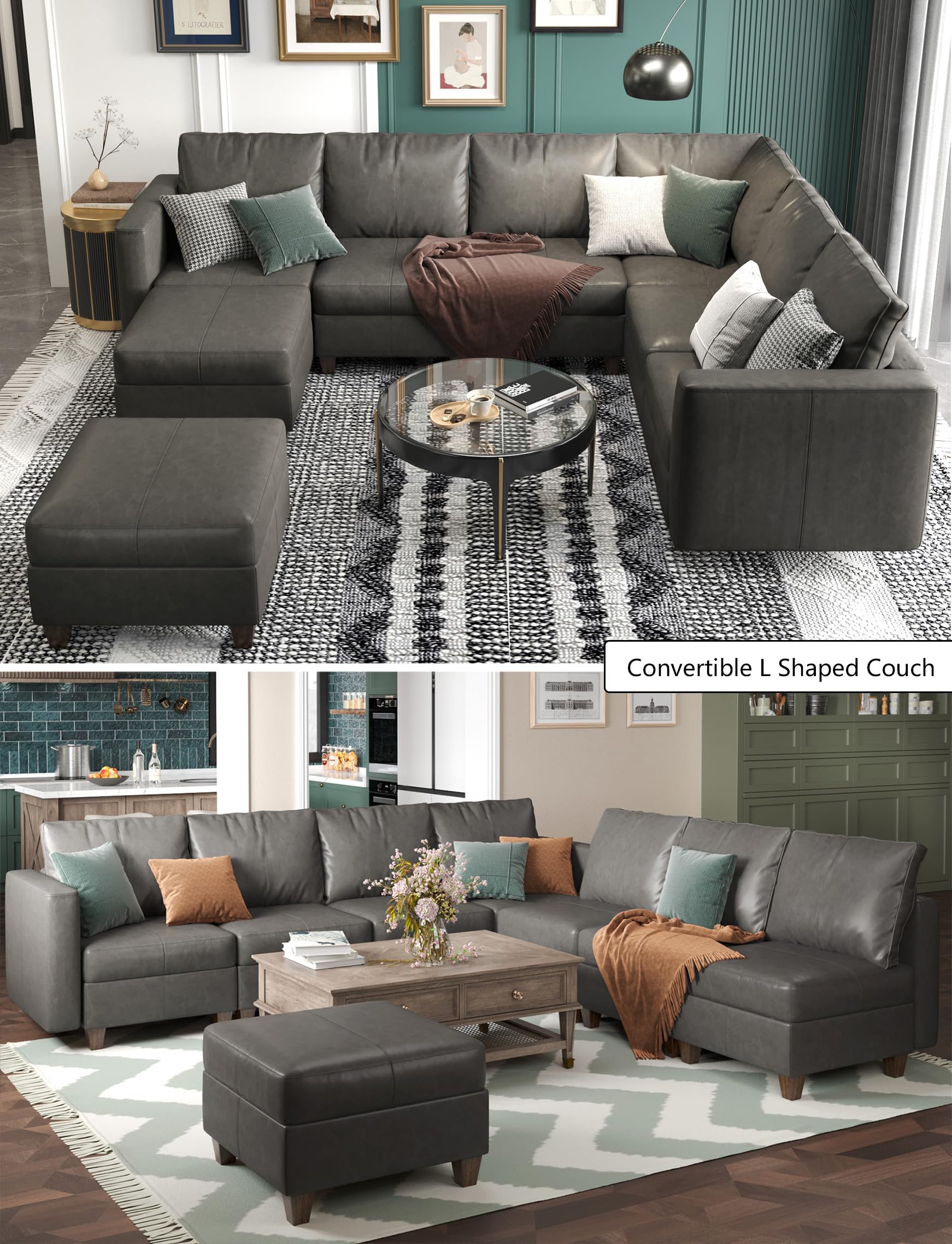 EASE MOOSE Modular Sectional Sofa with Storage, U Shaped Sectional Faux Leather Sectional Couch Large Sectional Sofa, Grey