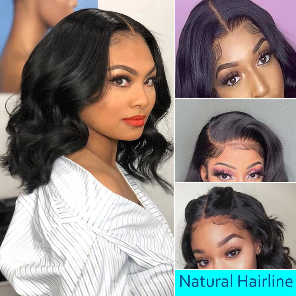 Bugtum Short Bob Human Hair Wig - 4x4 Lace Front, Pre-Plucked, Body Wave, Ocean Wave - Natural Color (10 Inch)