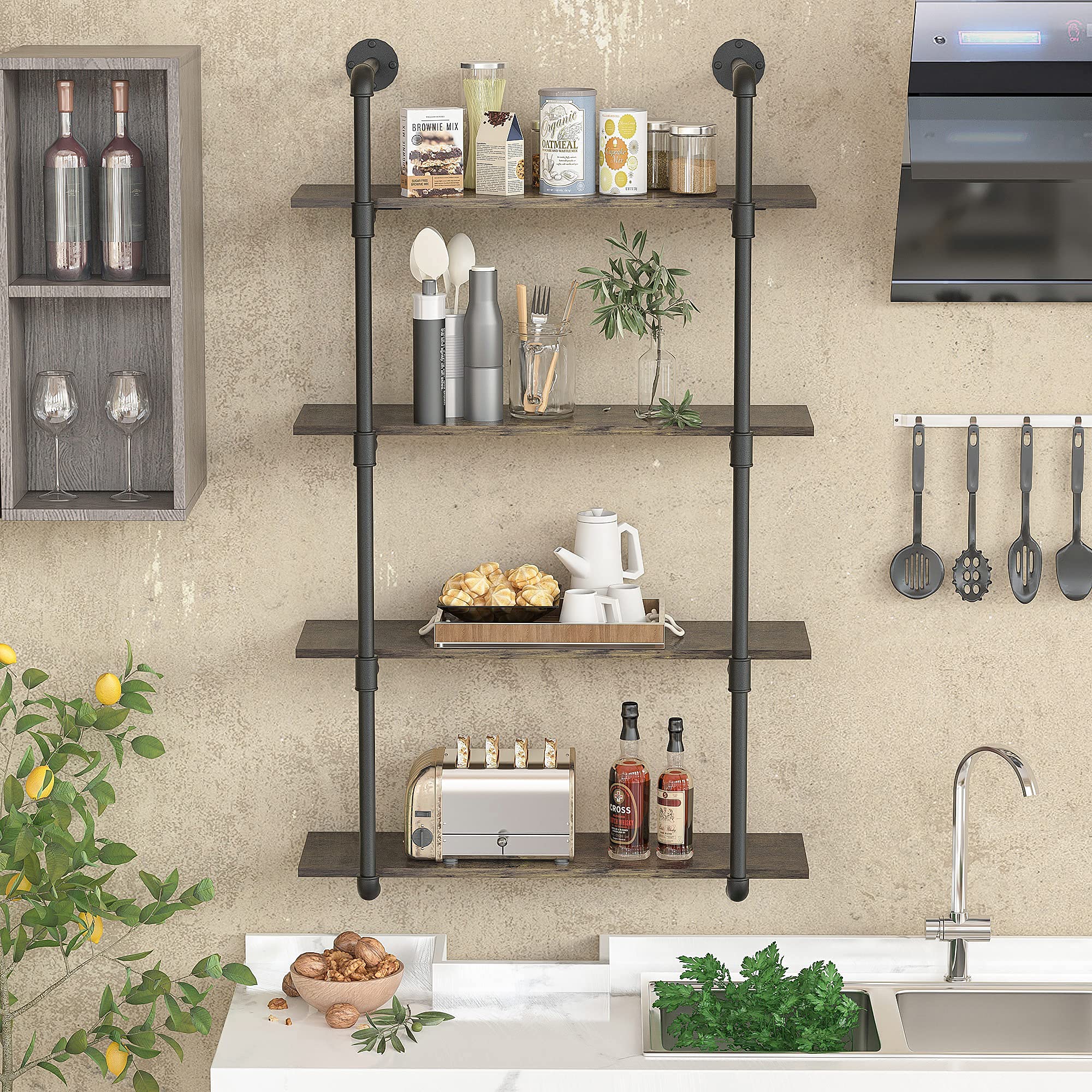 Gezen Industrial Pipe Shelving 31.5in Floating Bookshelf,Wall Mounted Shelves Rustic Floating Shelves, Wall Storage Book Shelves for Living Room, Bedroom, Kitchen (Brown, 2 Tier)