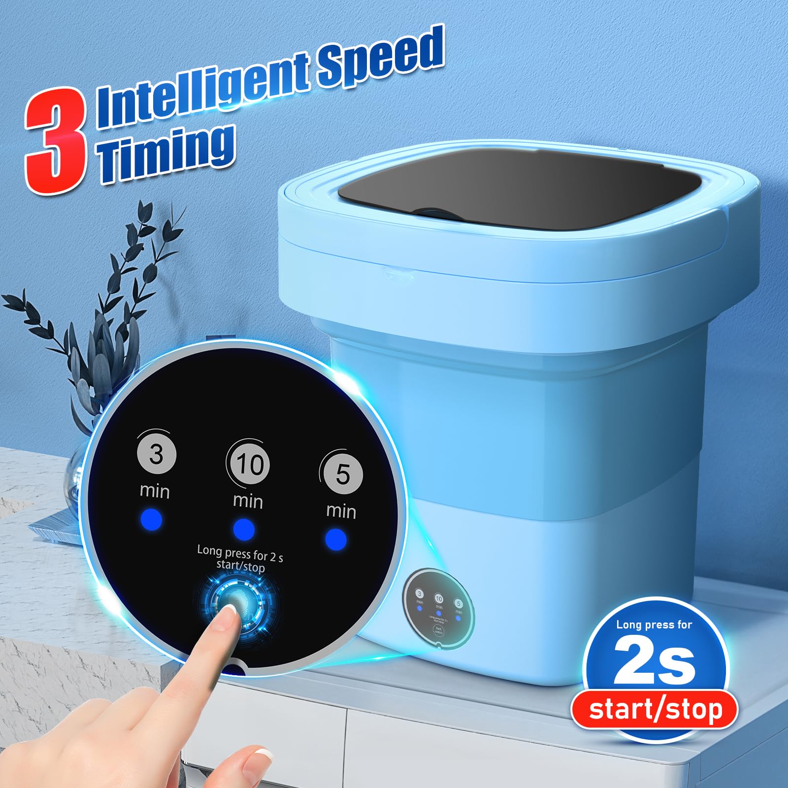 DAMASK HUT Portable Washing Machine with 3 Intelligent Cleaning Modes,11L Mini Washer with Foldable Design,Mini Folding Washing for Travel,Camping,Apartment,Dorm,Baby Clothes,Socks,Underwear, Blue