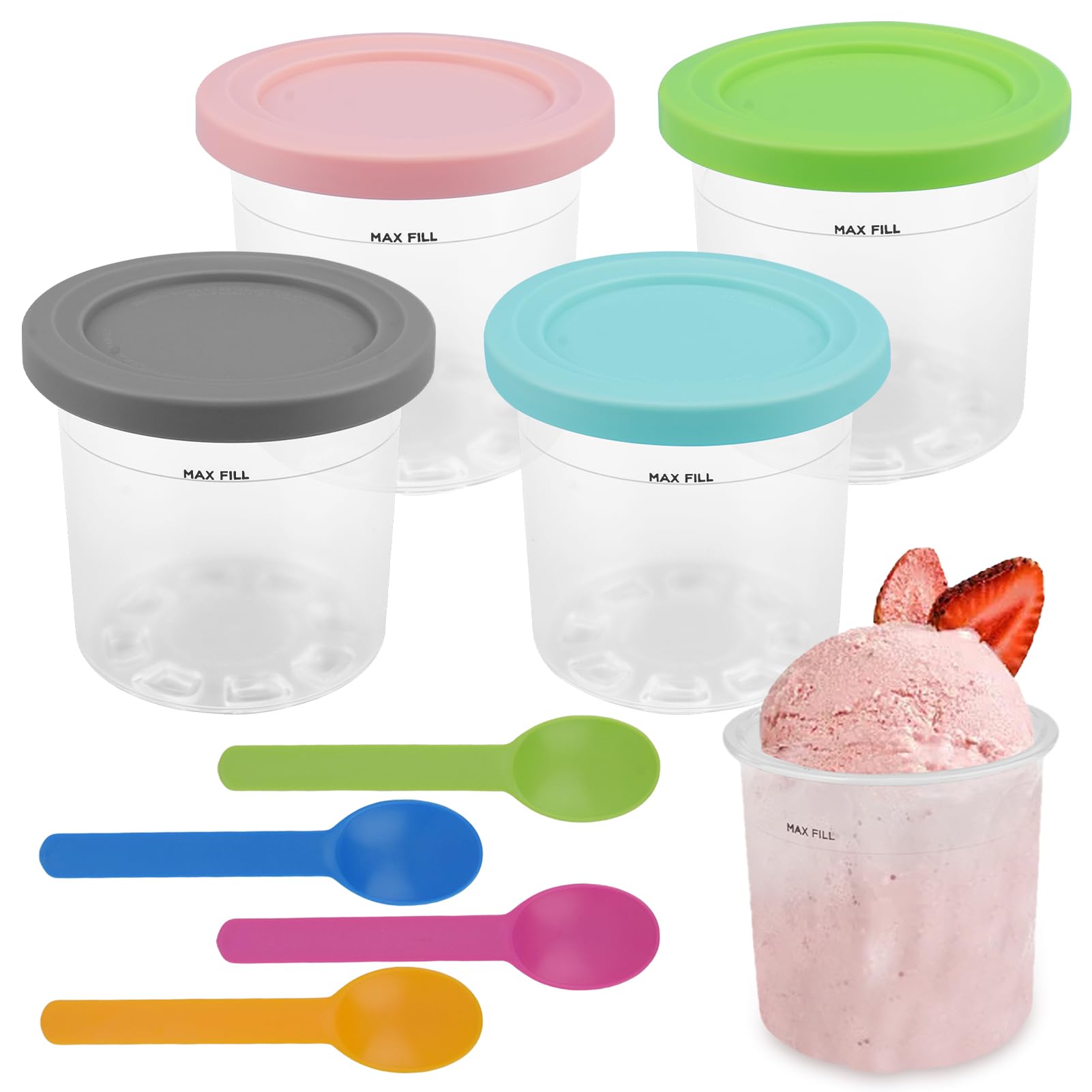 Ice Cream Pints Cup 4pcs Creami Pint Containers with Ice Cream Spoon Pint Containers Compatible fit ninj-a creami containers, creami pints for N C301 N C300 N C299AMZ Series(as shown)