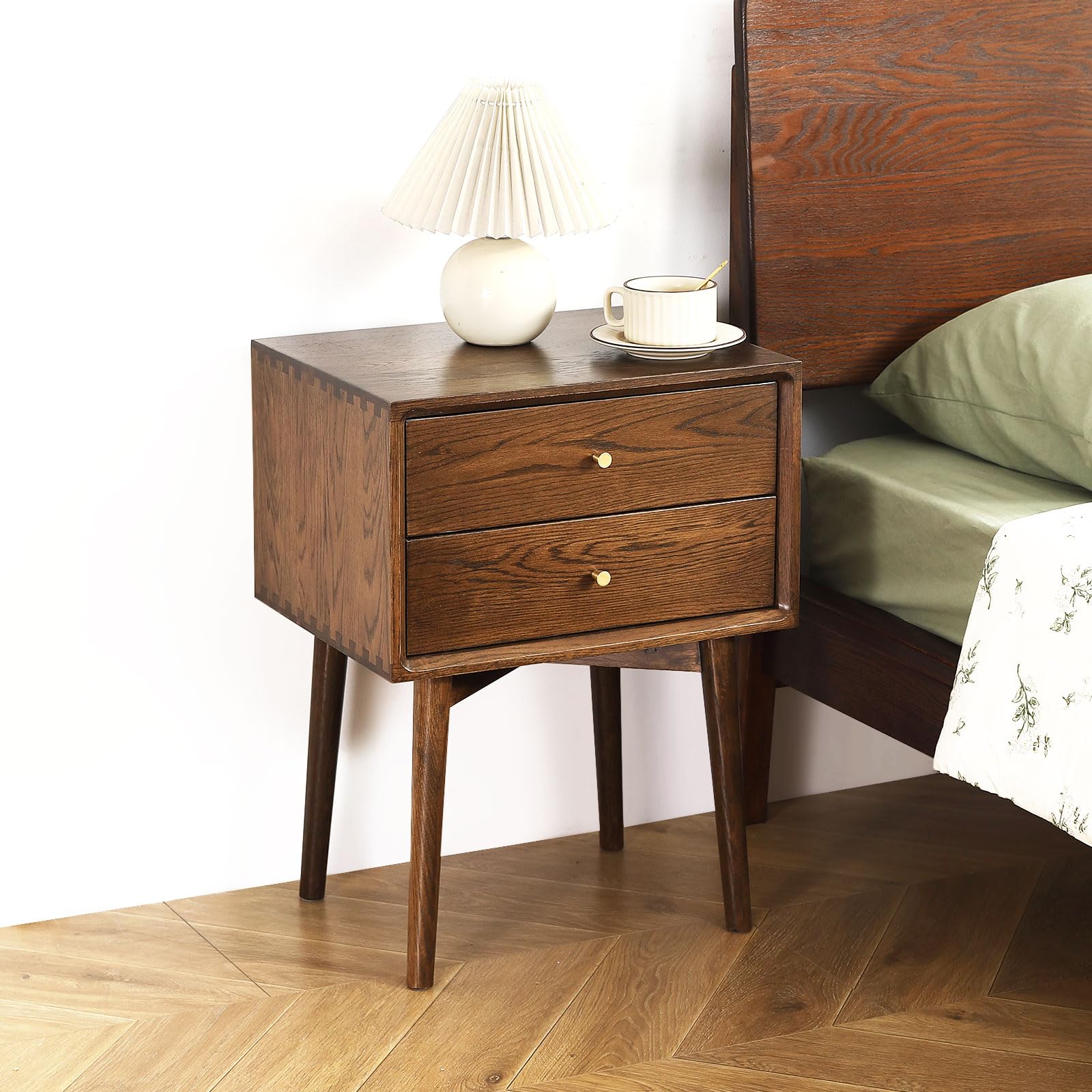 Fetuero Mid Century Modern Nightstands, Oak Bedside Table Solid Wood End Table with Drawers Real Wooden Cabinet Organizer for Bedroom, Natural Color