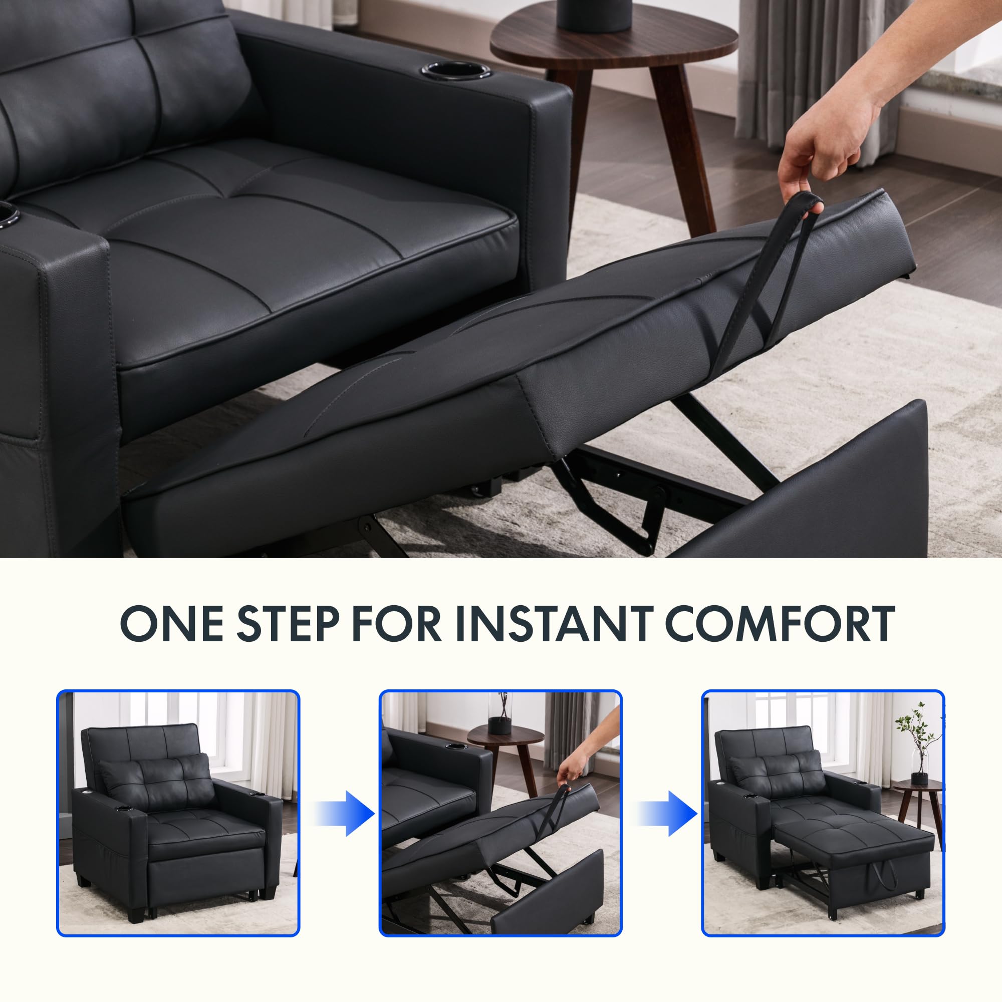 FLEXISPOT XCT2 Sleeper Chair Bed, Sofa Bed Chair 3 in 1 w/USB Port, Pillow, Cup Holders, Convertible Pull Out Bed W/Adjustable Backrest for Living Room Apartment Small Space, Black