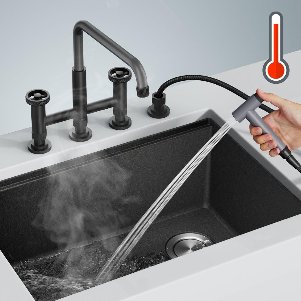 KRAUS Urbix Color-Changing Industrial Bridge Kitchen Faucet with Side Sprayer and ColorSmart Technology in Matte Black/Grey, KPF-3125MBGRCC