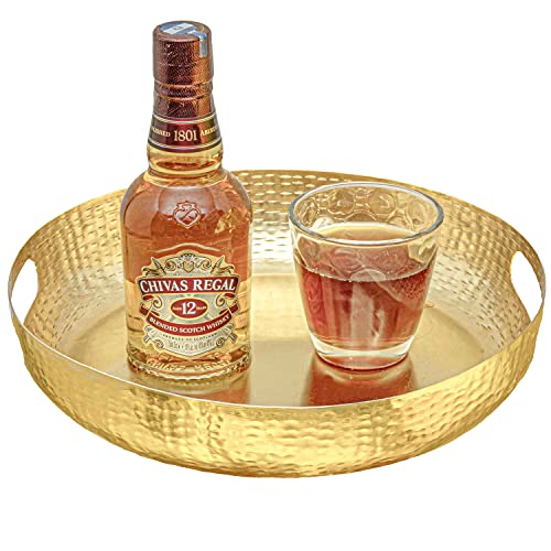 MyGift 12 Inch Round Brass Metal Handcrafted Unique Serving Tray with Hammered Pattern Design and Cut Out Handles, Decorative Coffee Table Tray - Handmade in India