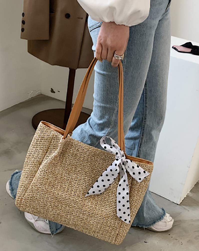 Obosoyo Straw Bags for Women Beach Bags Bowknot Shoulder Bags Straw Purse Summer Woven Bags