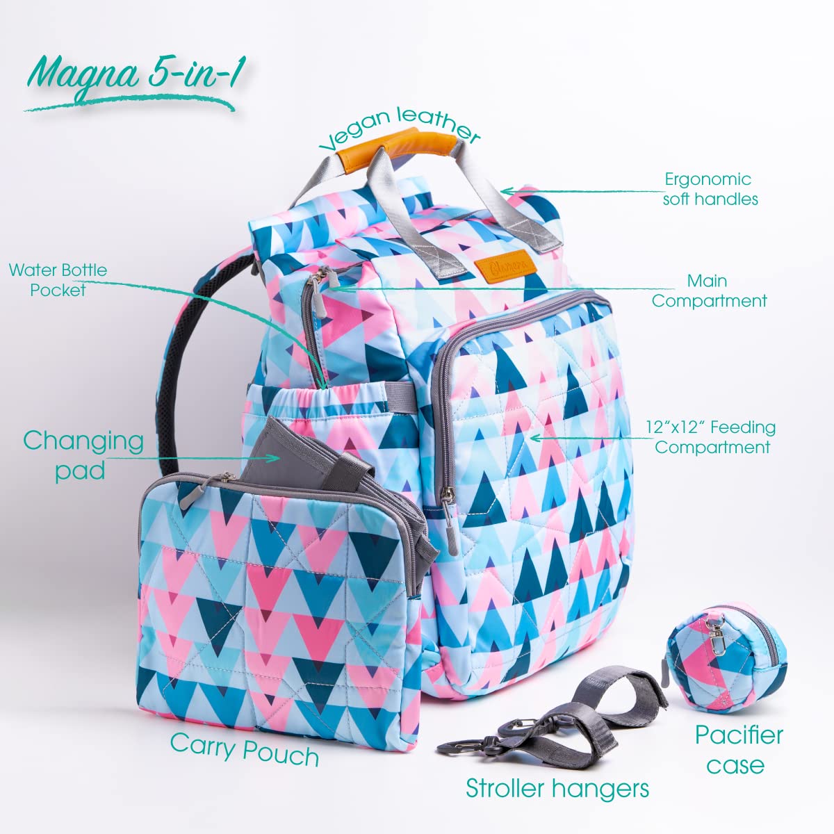 Clamera Diaper Bag Backpack β 5-in-1 Magna Travel Back Pack β Extra Large Diaper Bag with Changing Pad, Diaper Pouch, Pacifier Pouch & Stroller Hangers