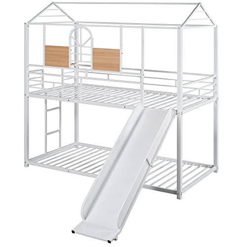 Lostcat House Bunk Bed with Slide and Slide,Twin Over Twin Bunk Bed with Safety Guardrails and Roof Design for Kids, Teens, Girls, Boys,No Box Spring Required,White