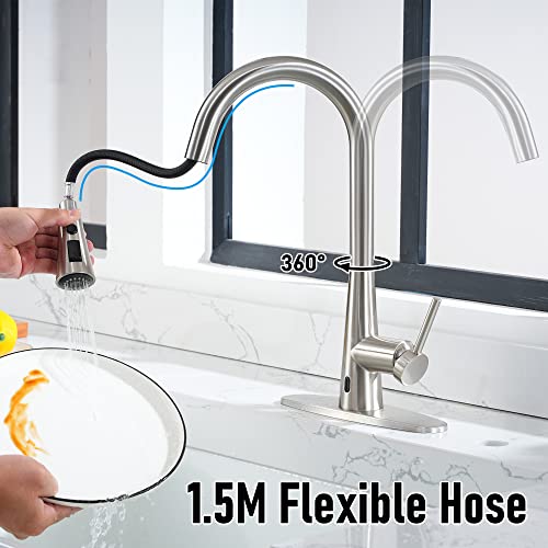 Brushed Nickel Touchless Motion Sensor Smart Hands-Free Kitchen Faucet Single Handle Kitchen Sink Faucet with Pull Down Sprayer