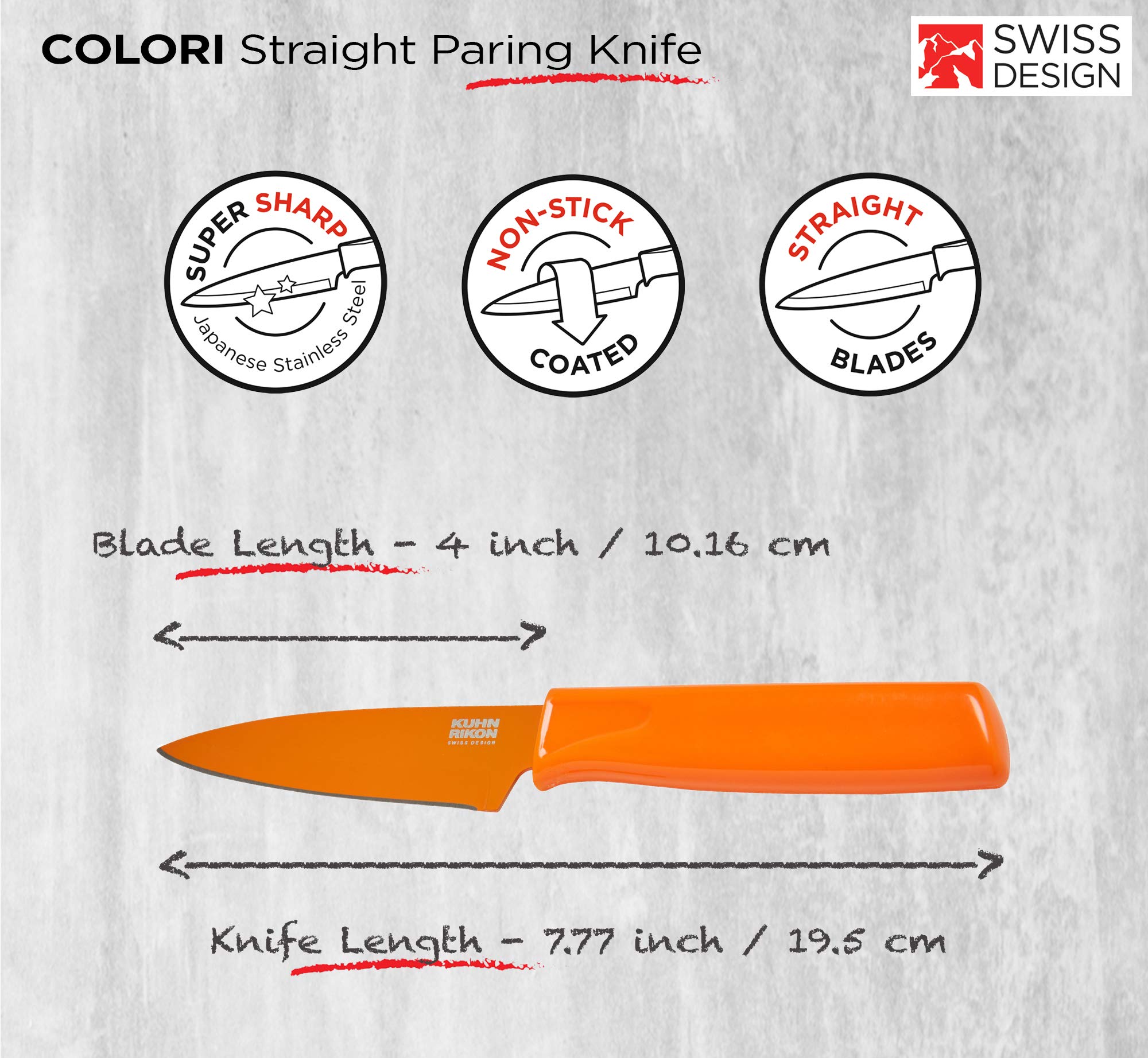 Kuhn Rikon Colori Non-Stick Straight Paring Knife with Safety Sheath, 4 inch/10.16 cm Blade, Tangerine