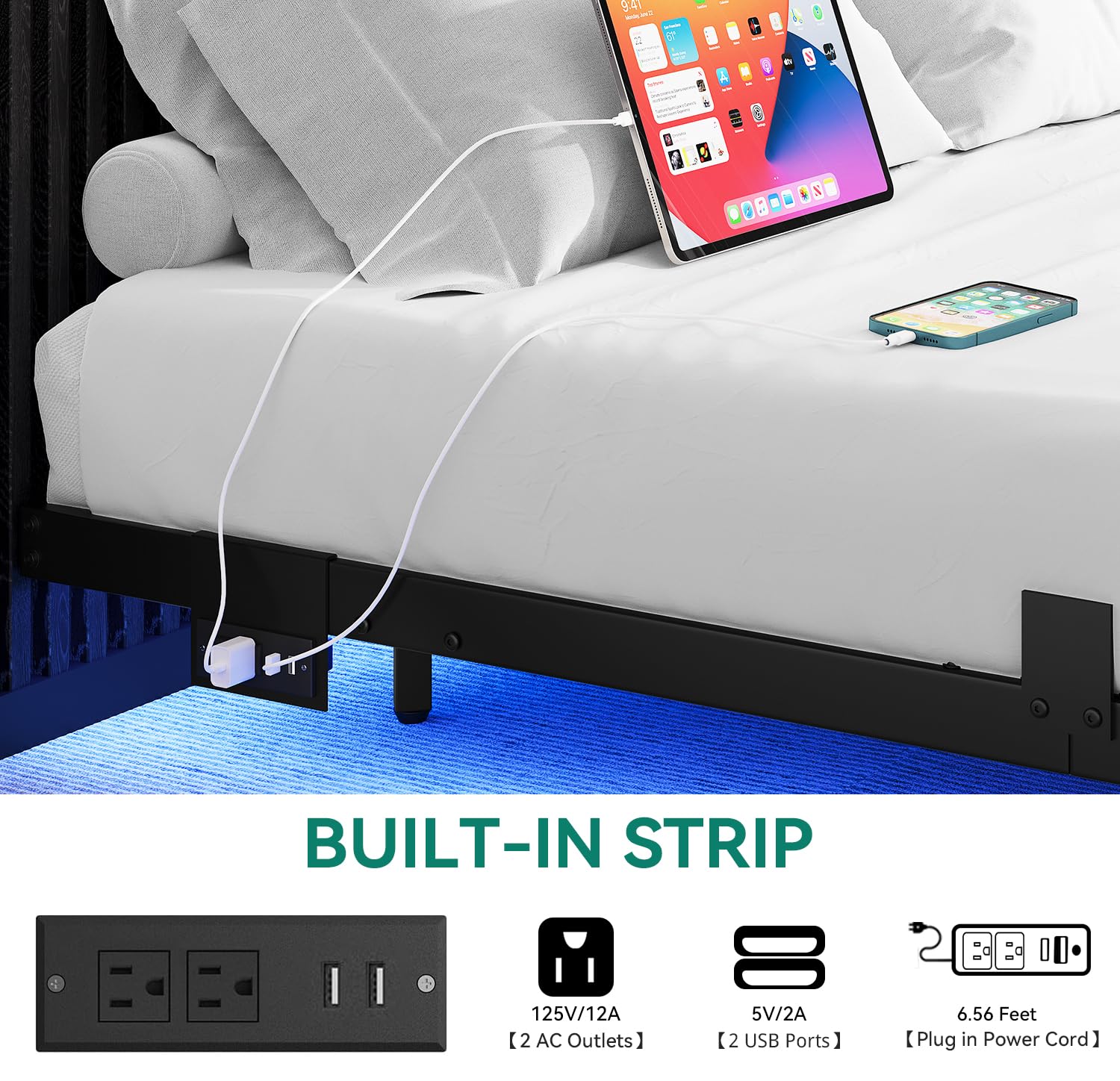 DWVO King Size Floating Bed Frame with Charging & LED Lights, King Metal Platform Bed with Sturdy Steel Slats, No Requirement for Box Spring, Simple Assembly, Black