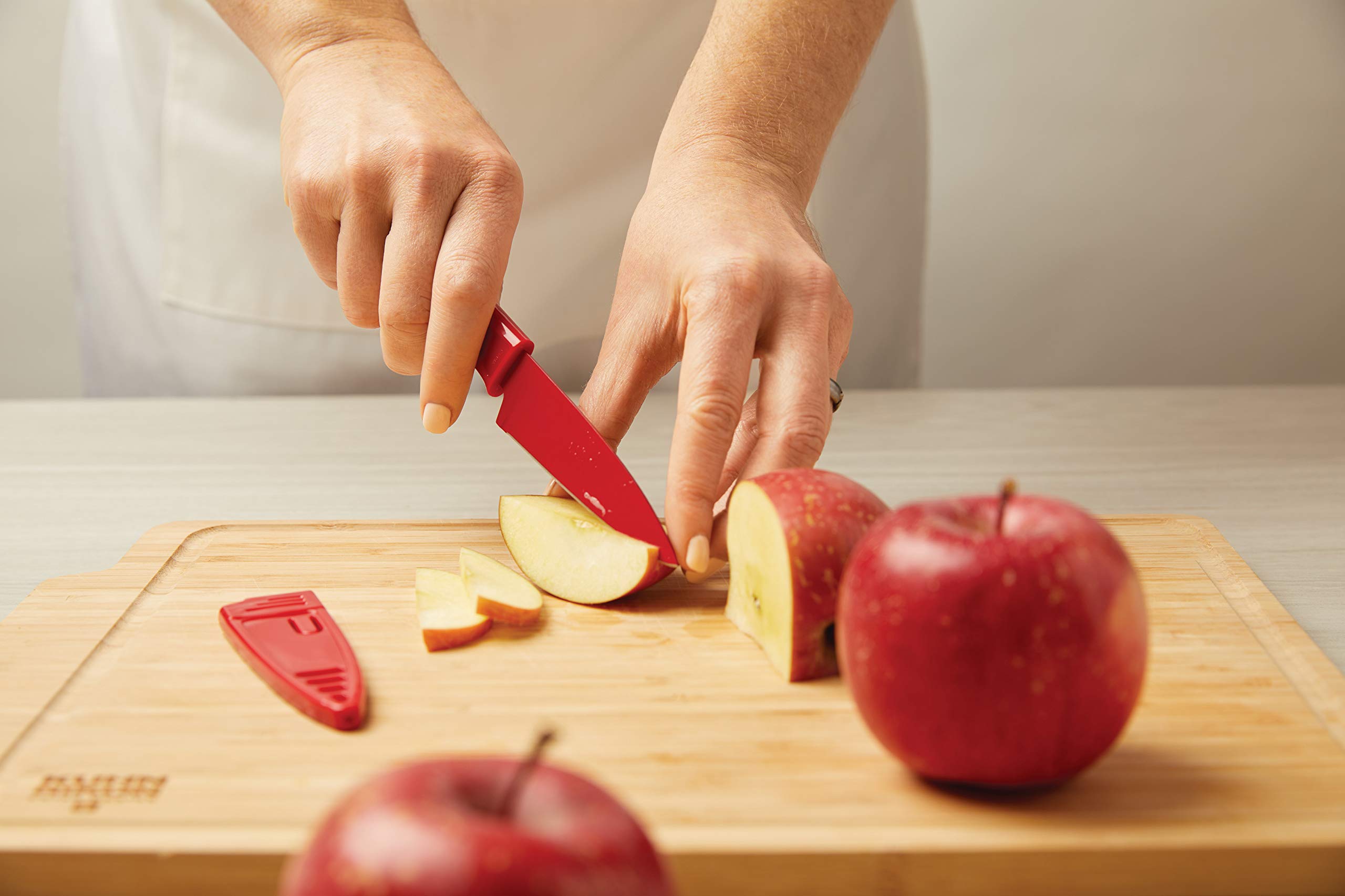 Kuhn Rikon Colori Non-Stick Straight Paring Knife with Safety Sheath, 4 inch/10.16 cm Blade, Bubble Gum