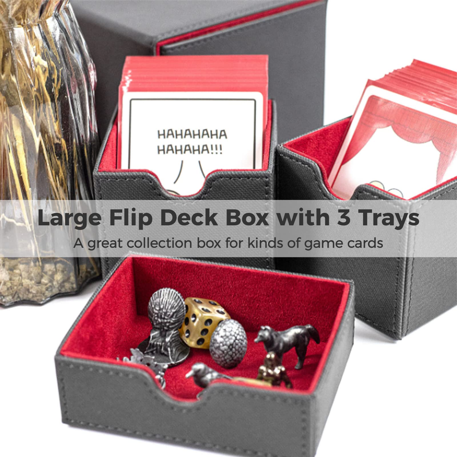 Card Deck Box, Large Flip Deck Case with 3 Trays for 220+ Sleeved Cards, PU Leather Double Deck Box for YuGiOh, TCG, MTG, Uno, Ultraman, Baseball Cards 7.95" x 4.53" x 3.54"