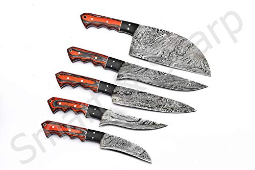 Custom Handmade Damascus Chef Knives Set/Kitchen Knives 5 Pieces Set SS-17211 (Orange and Black Color Wood)