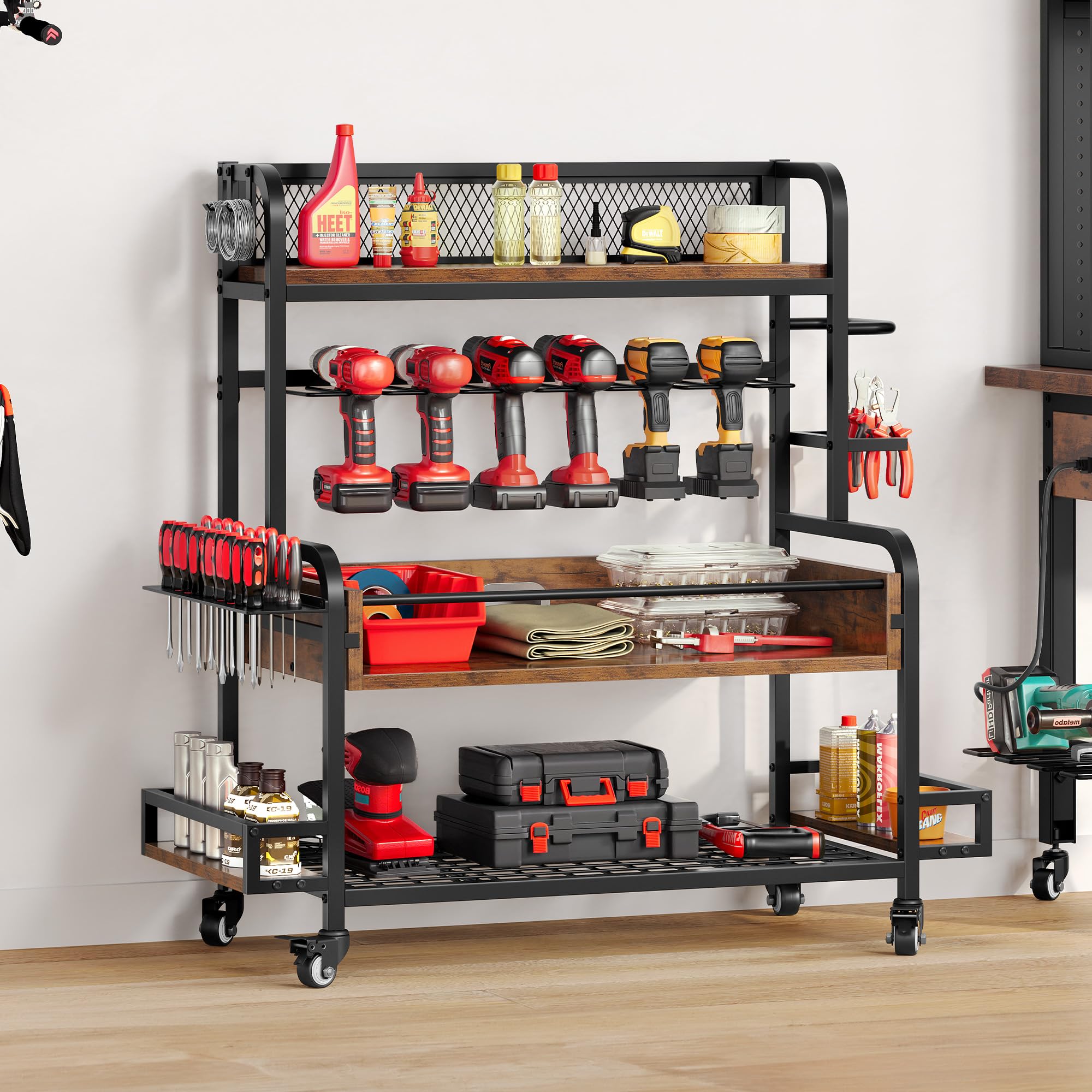 DWVO Large Power Tool Organizer Cart with Wheels, Rolling Garage Tool Organizer Cart with Movable Shelves, Power Tool Storage Cart for Mechanic Workshop Garage Gift for Men