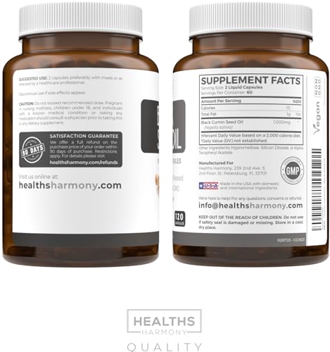 Black Seed Oil - 120 Softgel Capsules Skin Health (Non-GMO & Vegan) Cold-Pressed Nigella Sativa Producing Pure Black Cumin Seed Oil with Vitamin E - 500mg Each, 1000mg Per 2 Capsule Serving