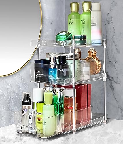 Hsuner 2 Set 3 Tier Clear Under the Sink Organizer Bathroom with Dual Pull-Out Drawers 12 Dividers, Multi-Purpose Storage for Kitchen Pantry, Vanity Skincare and Snacks, Medicine Cabinet Organizer