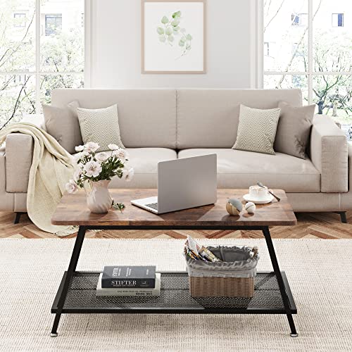 IDEALHOUSE Coffee Table Industrial Center Table 2-Tier Living Room with Mesh Shelf Rectangle Wood Cocktail Table Metal Frame, Easy to Assemble, Rustic Brown