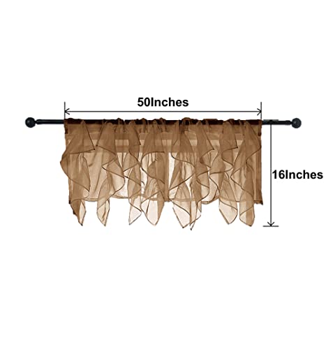 PearAge Ruffled Voile Semi Sheer Curtain Valance, Kitchen Living Room Shabby Chic Ruffle Valance Curtains, Girls Daughters Bedroom Cascade Window Valance Rust Brown 50x16 Inches