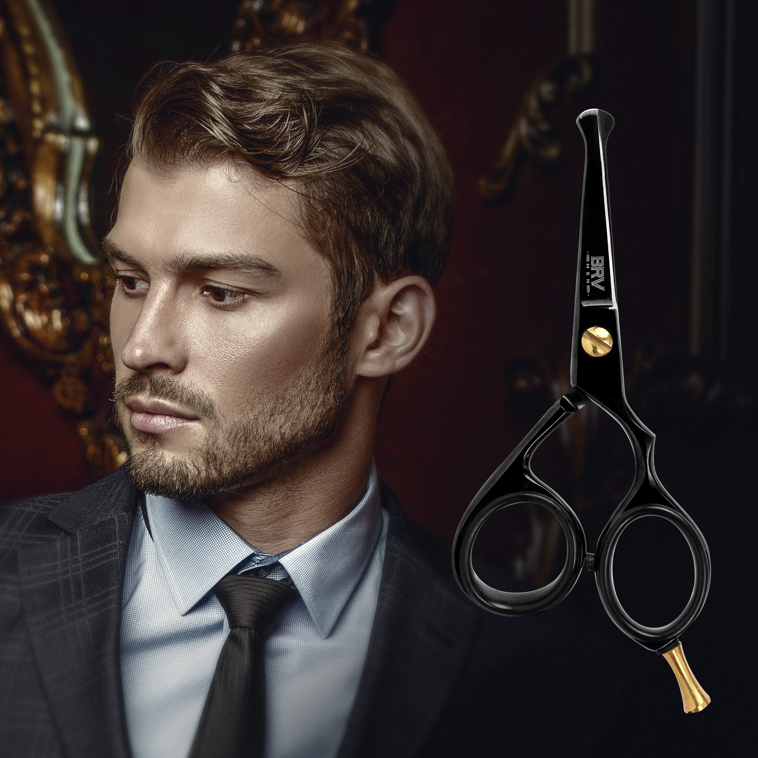 BRV MEN Rounded-Tip Small Trim Scissors for Men 4.2" | High Carbon Stainless Steel | Nose Hair Scissors for Men | Professional Grooming Scissors for Beard, Mustache & Ear Hair - RIGHT HANDED (Black)