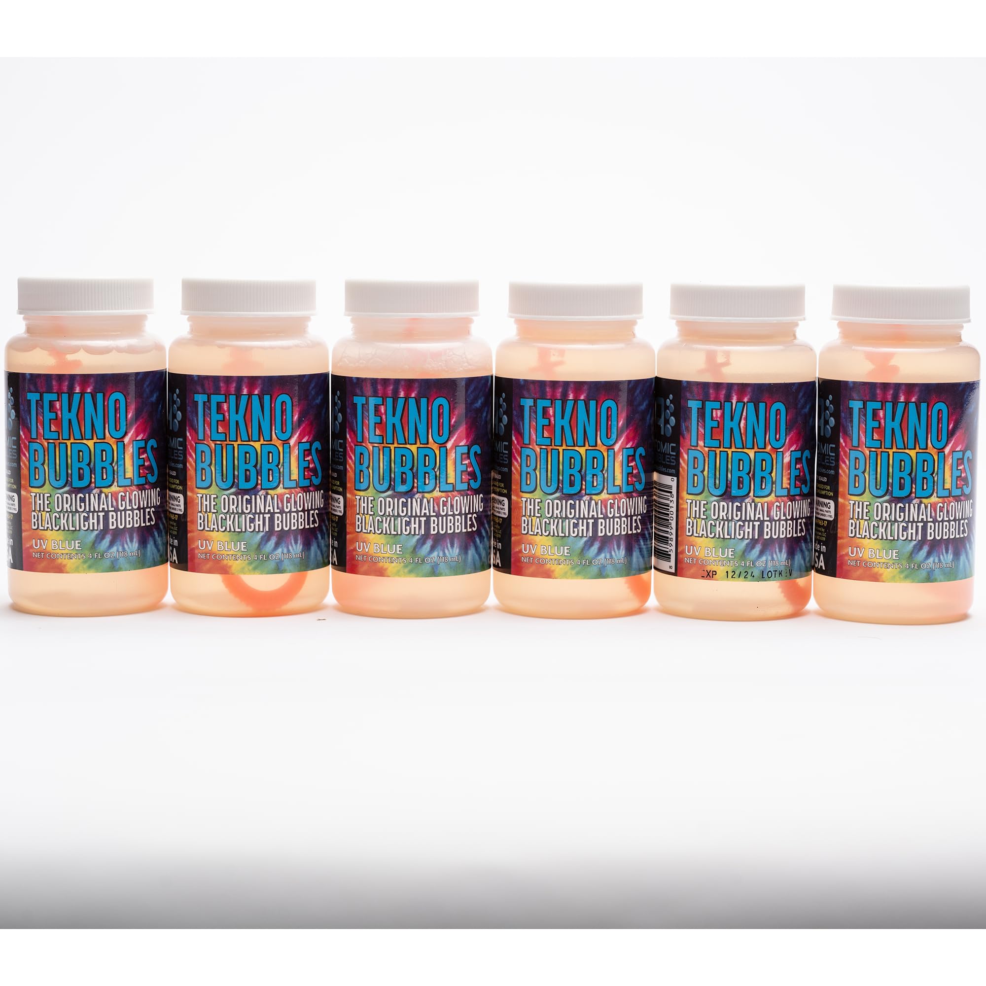 Atomic Bubbles: Tekno Bubbles - Blue 6 Pack - 4oz Bottles, UV Blacklight Glow Bubbles, Glow Parties, Indoor & Outdoor, Safe for Kids, Non-Toxic