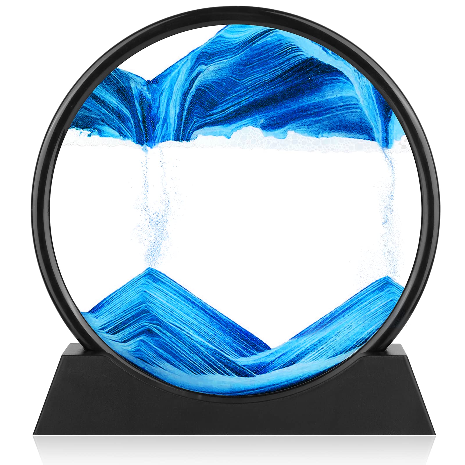 costand Moving Sand Art Picture with Round Glass, 3D Deep Sea Sandscape in Motion Display, Flowing Arc Frame Relaxing Desktop Home Office Work Decor, Room Decoration(7' Blue, 7''